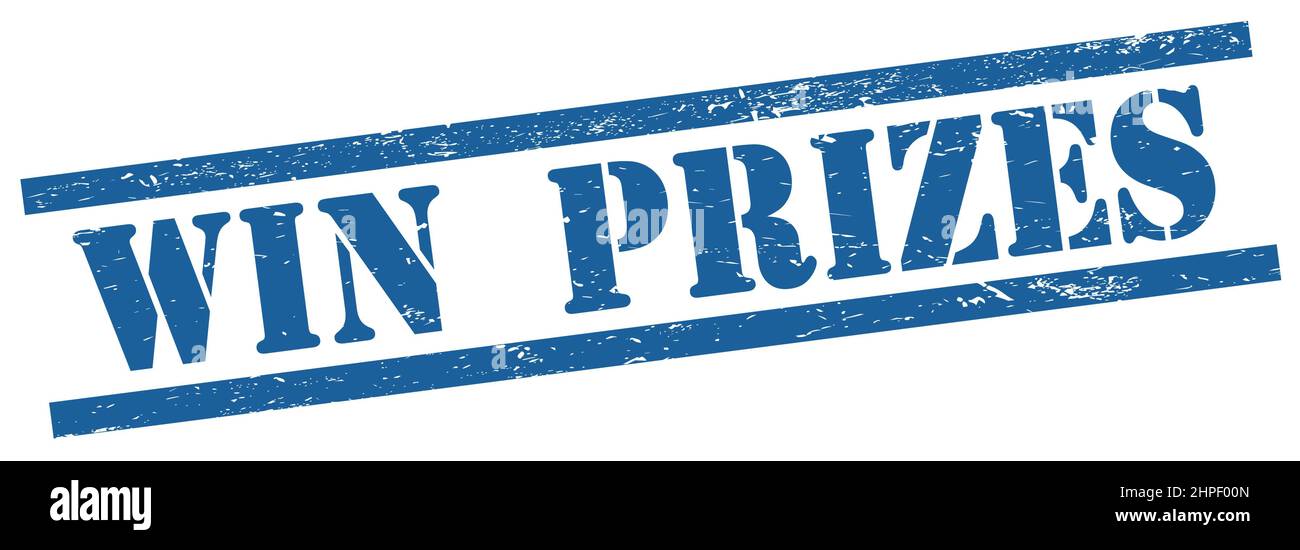 WIN PRIZES text on blue grungy rectangle vintage stamp Stock Photo - Alamy