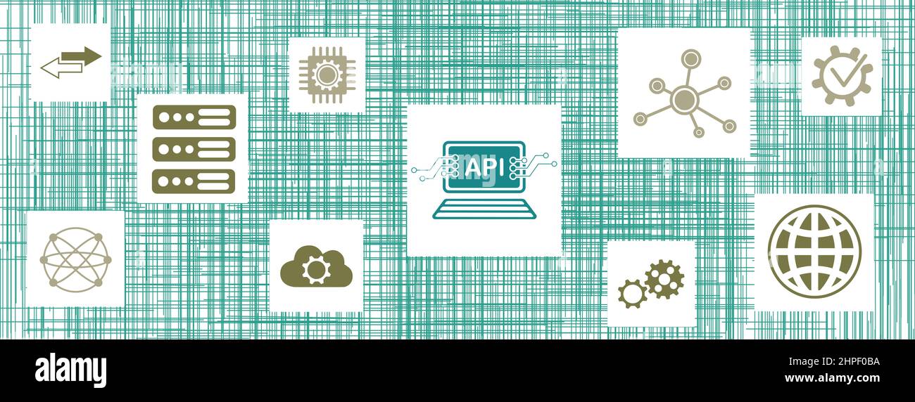 Concept of api with icons on squares Stock Photo - Alamy