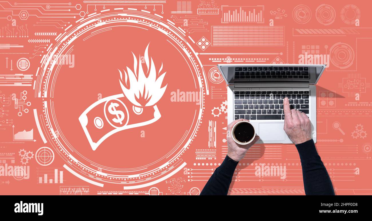 Top view of hands using laptop with symbol of inflation concept Stock ...