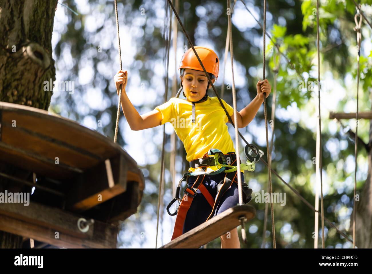 Happy child climbing in the trees. Rope park. Climber child. Early ...