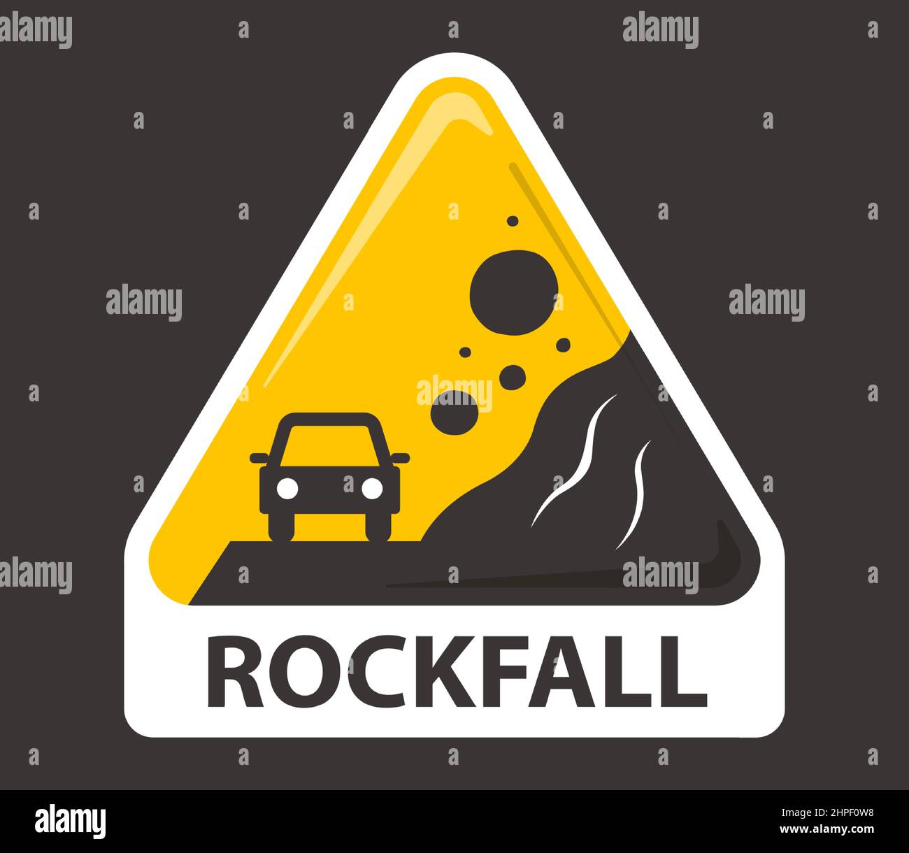 yellow sign caution rockfall. stone falls on a car. Flat vector ...