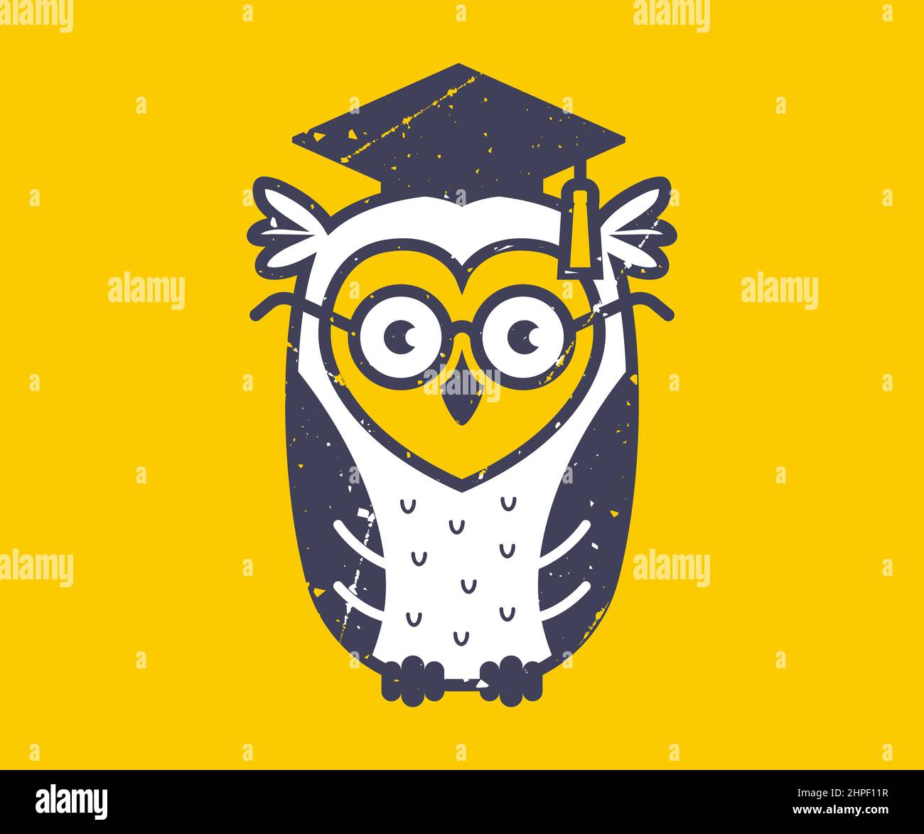 black icon of smart owl in the hat of college graduate in grunge style ...