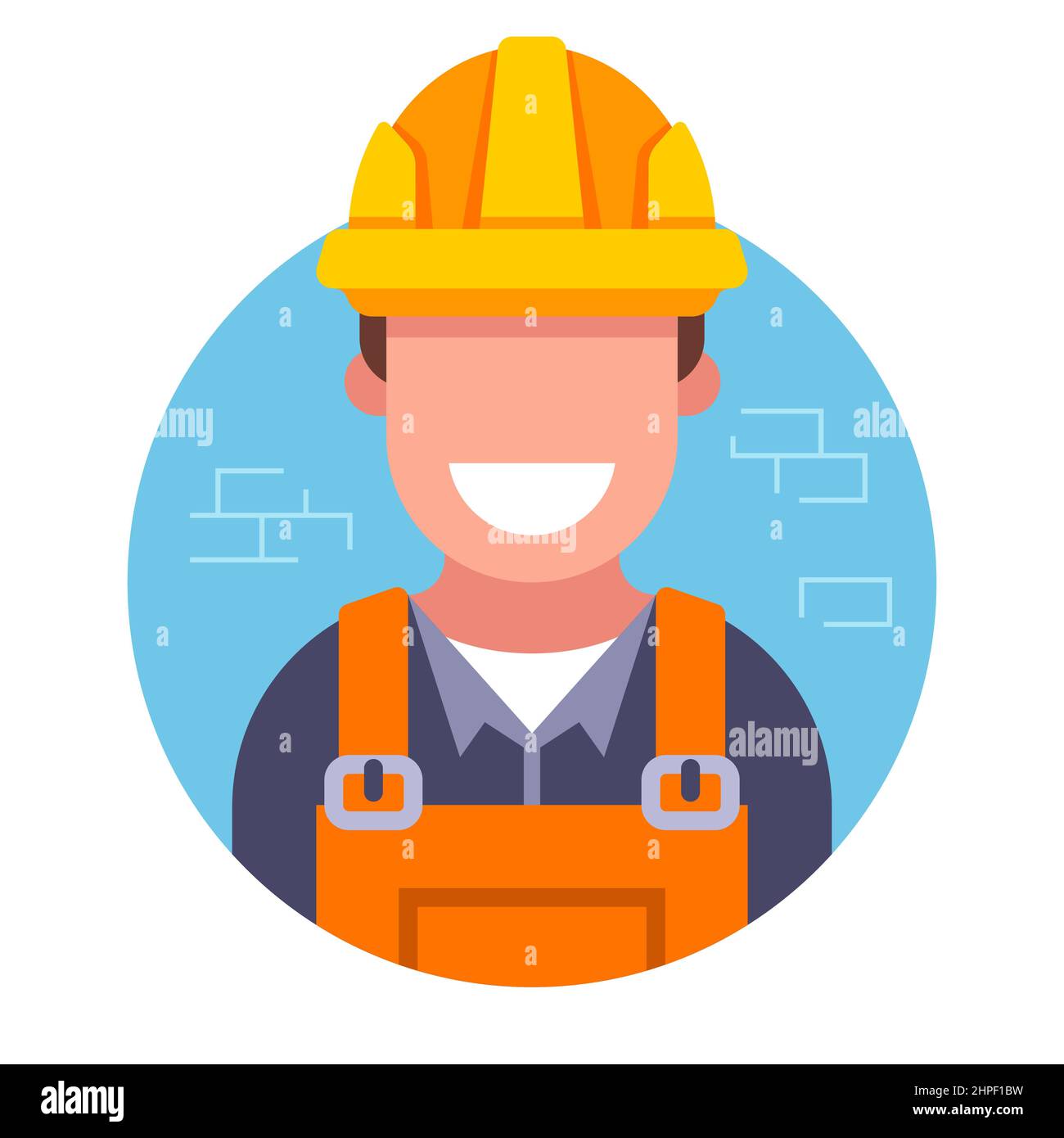 icon of a cute builder in a hard hat on a brick wall background. flat ...