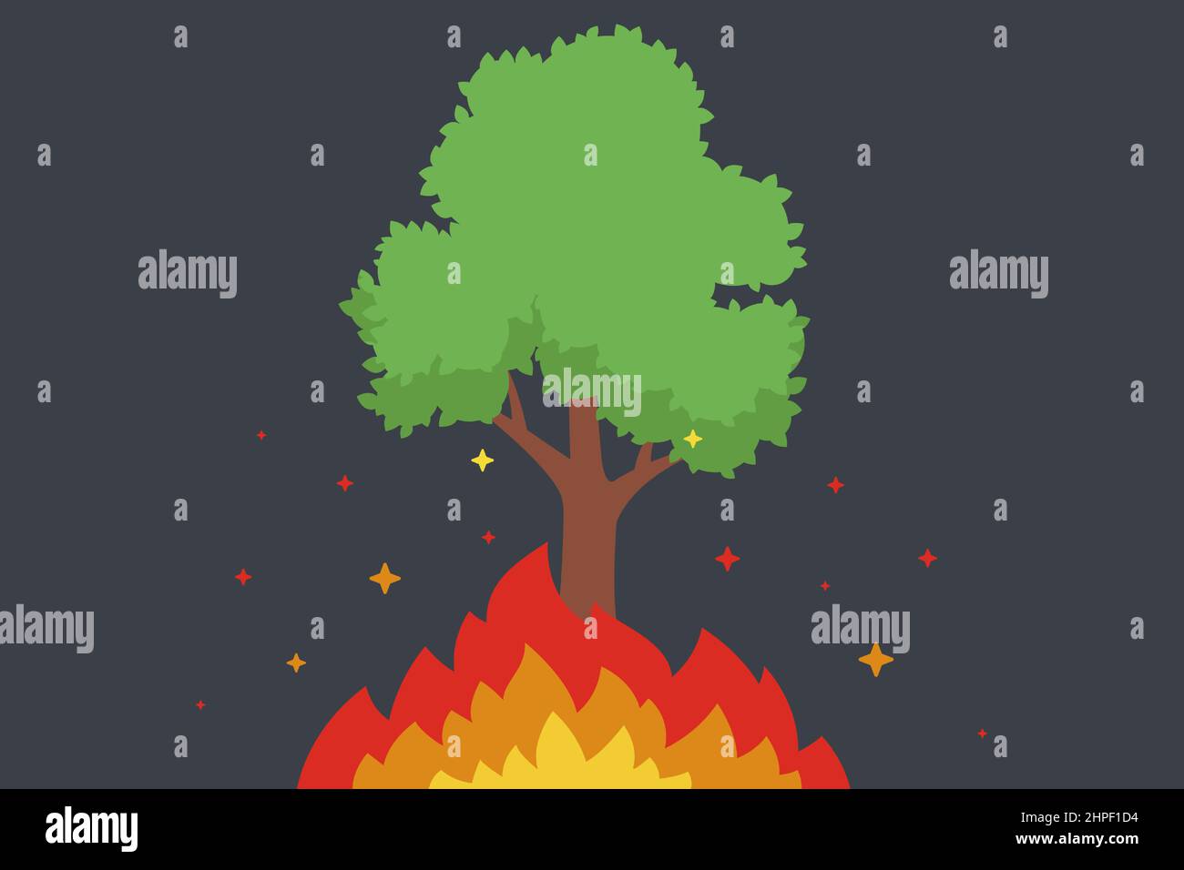 the tree is burning. fire in the forest. the flame burns. flat vector ...
