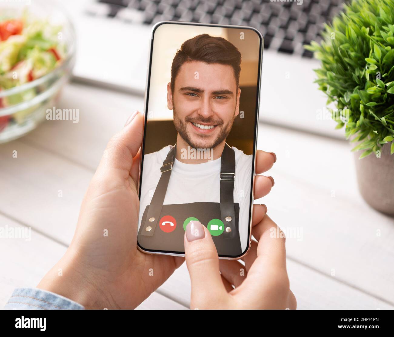 Unrecognizable Female Making Video Call With Handsome Chef While ...