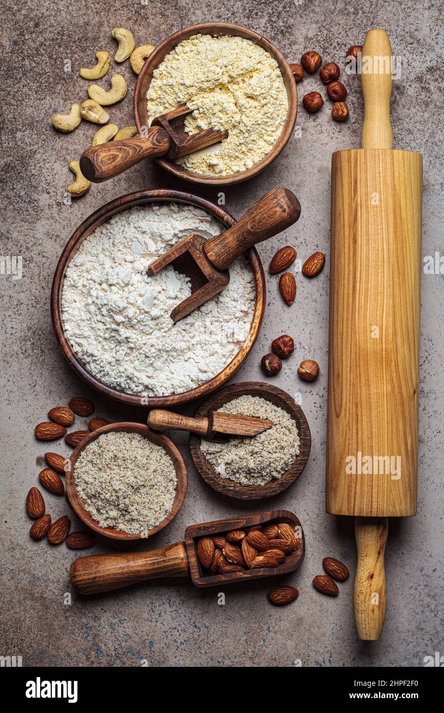 Different types of nut flour - almond, hazelnut and cashew, top view ...