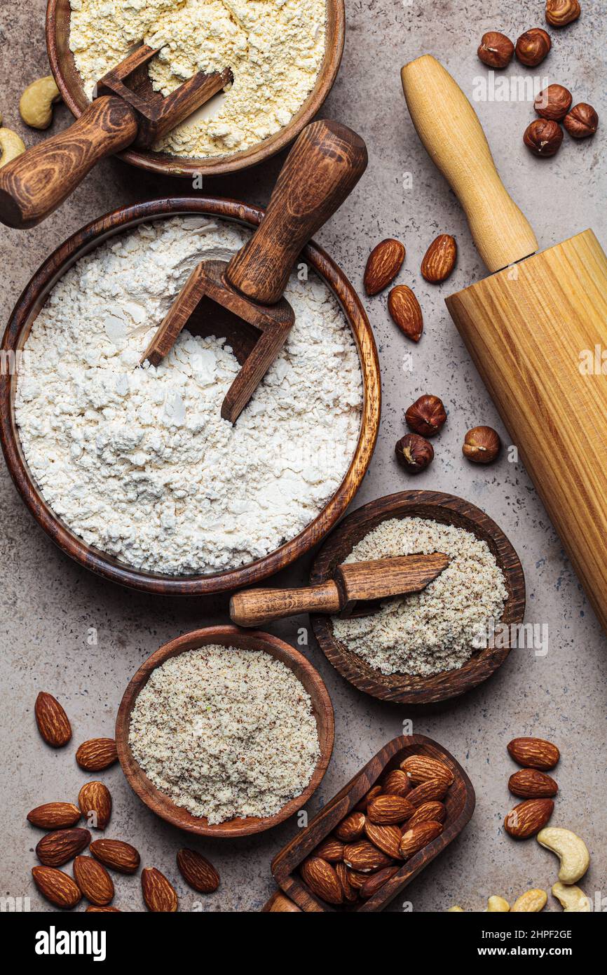 Different types of nut flour - almond, hazelnut and cashew, top view ...
