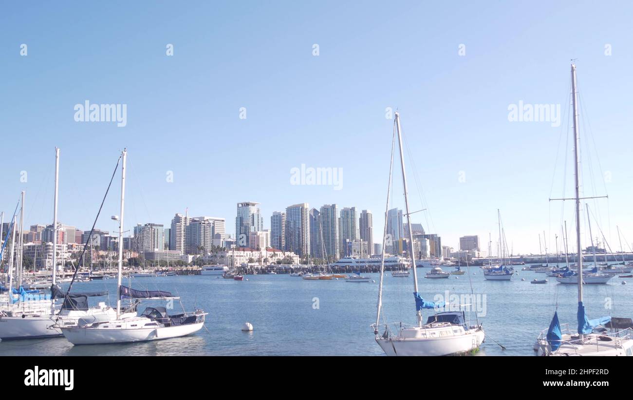 Yachts in marina and downtown city skyline, San Diego cityscape ...