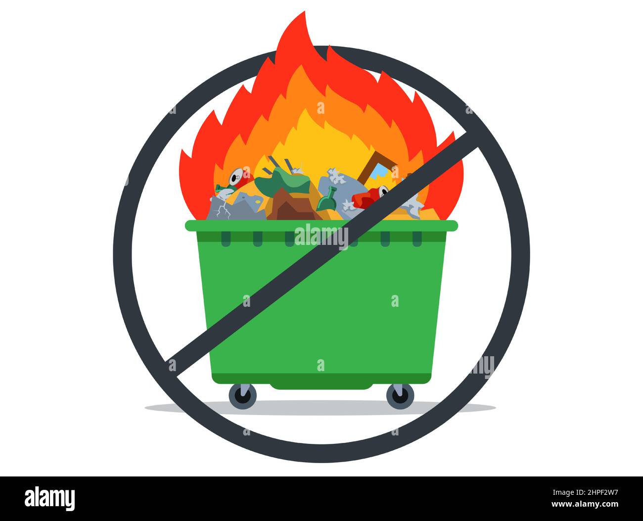 ban on burning garbage. burning waste tank. flat vector illustration ...
