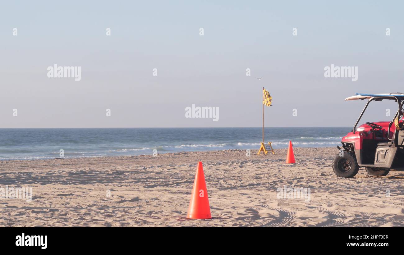 Lifeguard red pickup truck, life guard auto on sand, California ocean ...