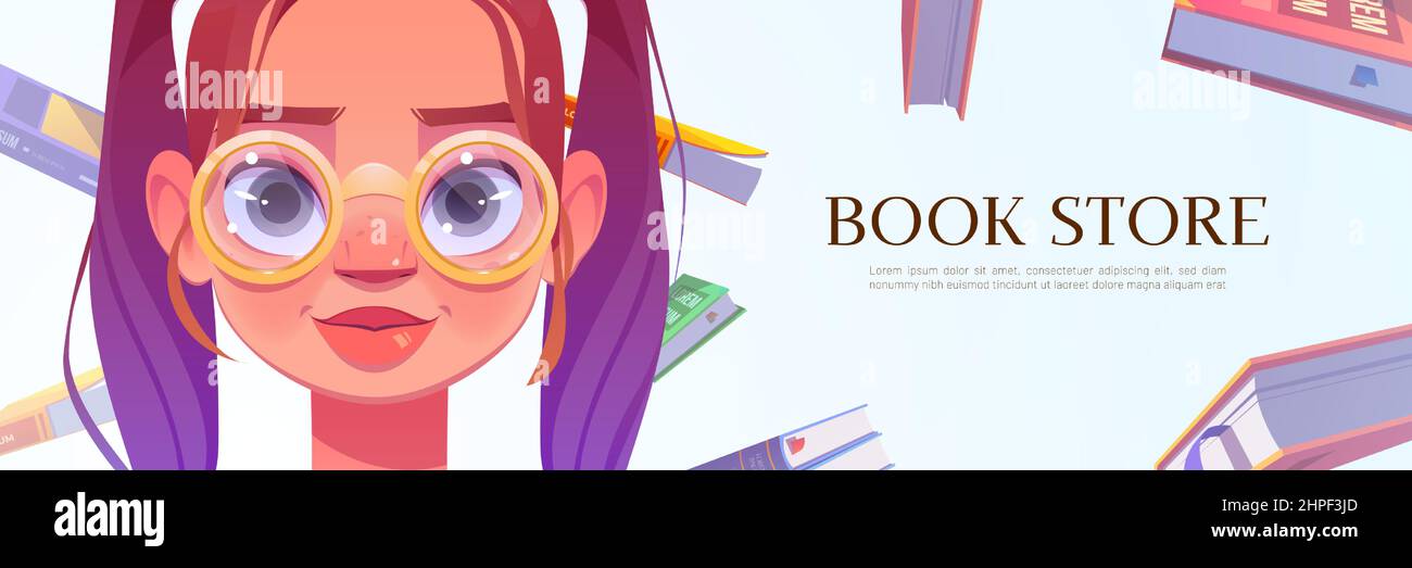 Book store cartoon banner with young woman face in round glasses and ...
