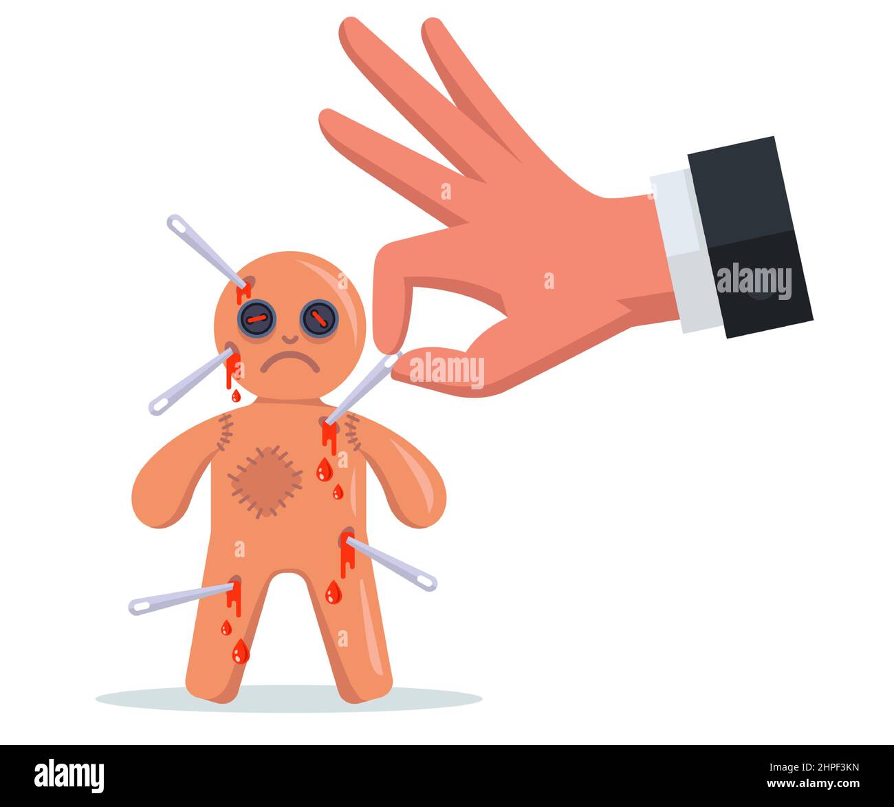 stick needles into a voodoo doll. perform a magic rite. flat vector ...