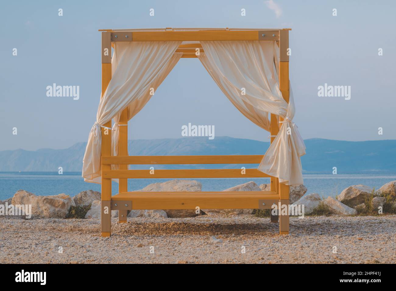 Beach pergola at seaside in summer morning, summertime vacation concept ...