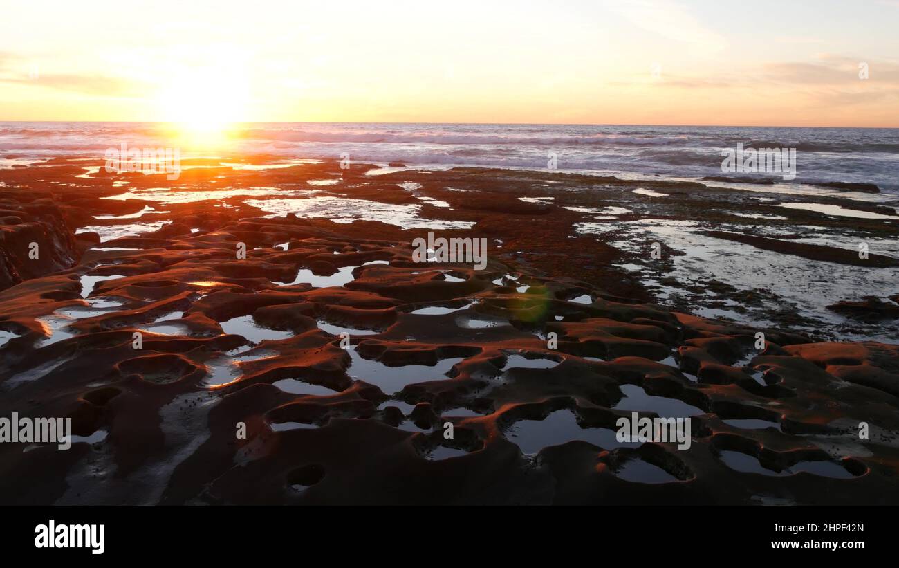 Eroded rock formation, tide pool in La Jolla, California coast, USA ...