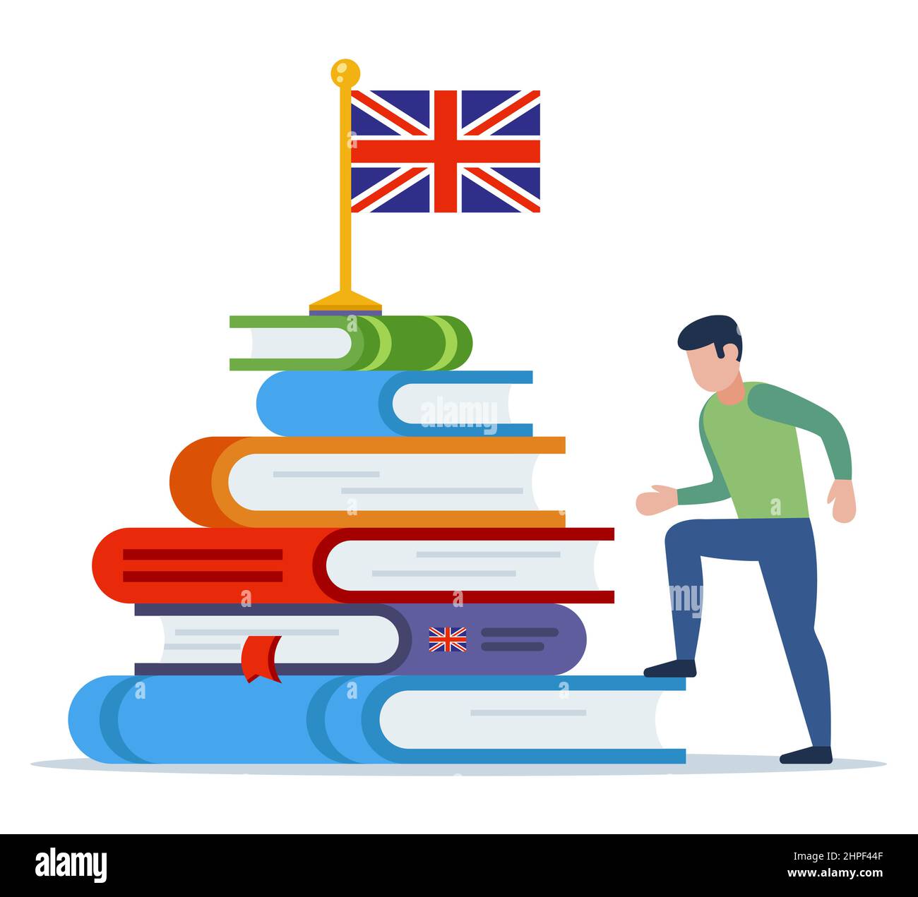 a person begins to learn English. mountain from textbooks. flat vector ...