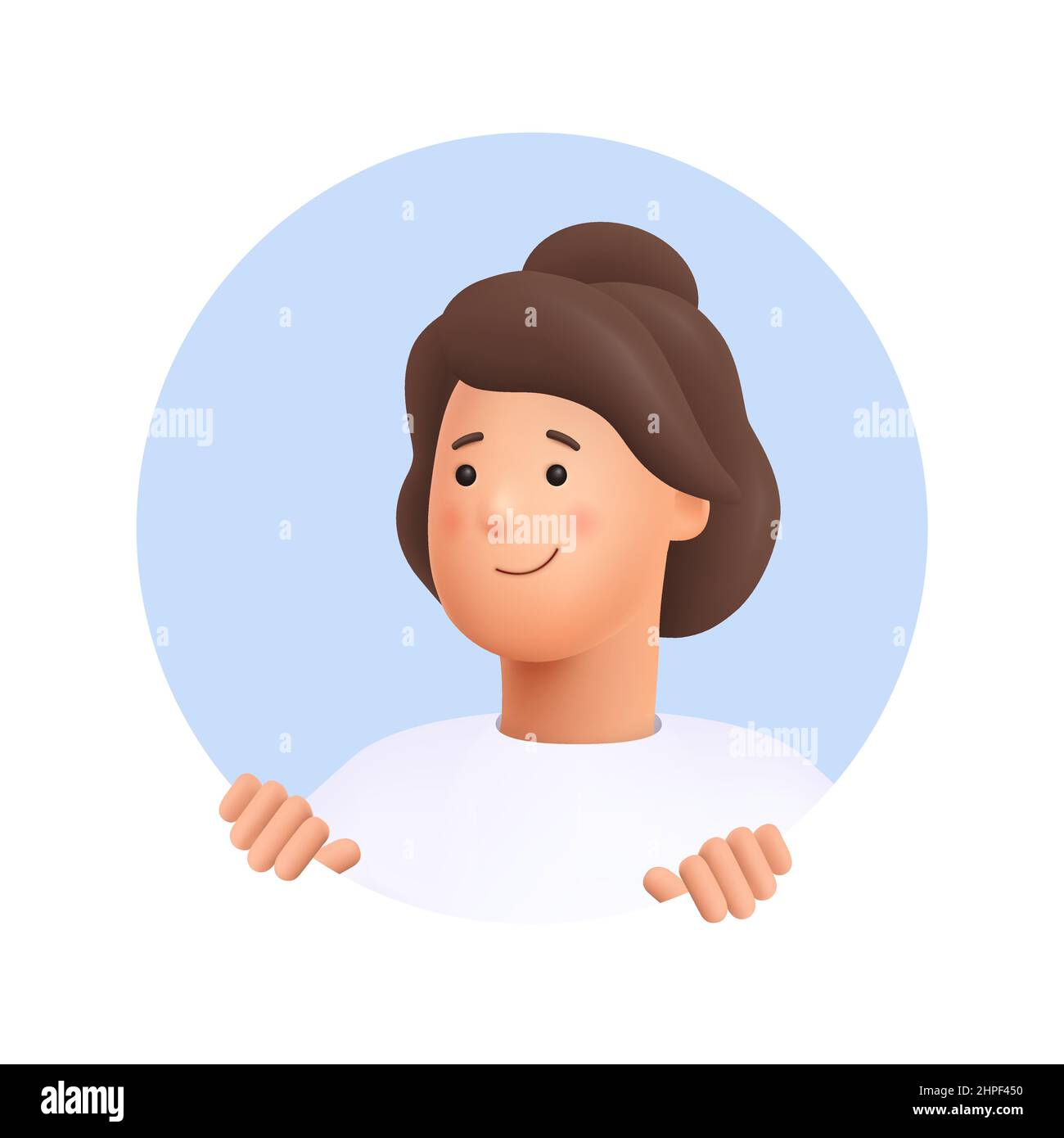 Young smiling woman Jane peeking out and looking from behind round hole ...