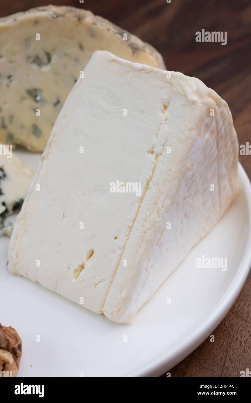 French cheeses, blue sheep cheese roquefort and Delice de Bourgogne cow ...