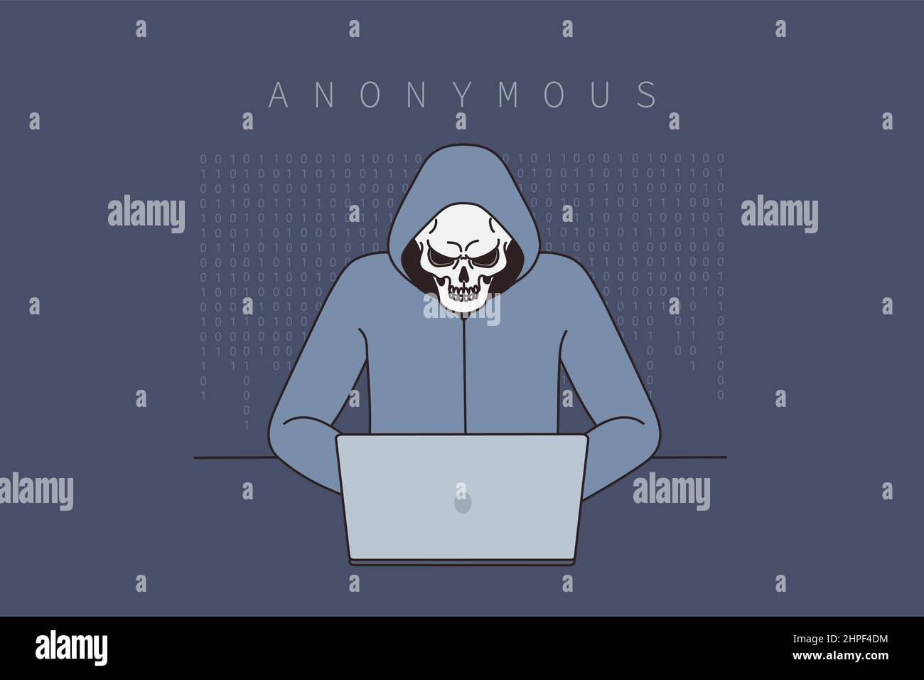 Anonymous Hacker In Hood And Skull Mask Work On Computer Break Operational Software Darknet