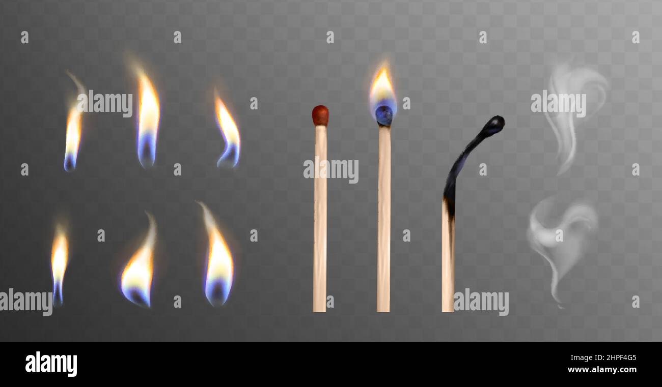Realistic 3d vector illustration of whole and burnt wooden matchsticks ...