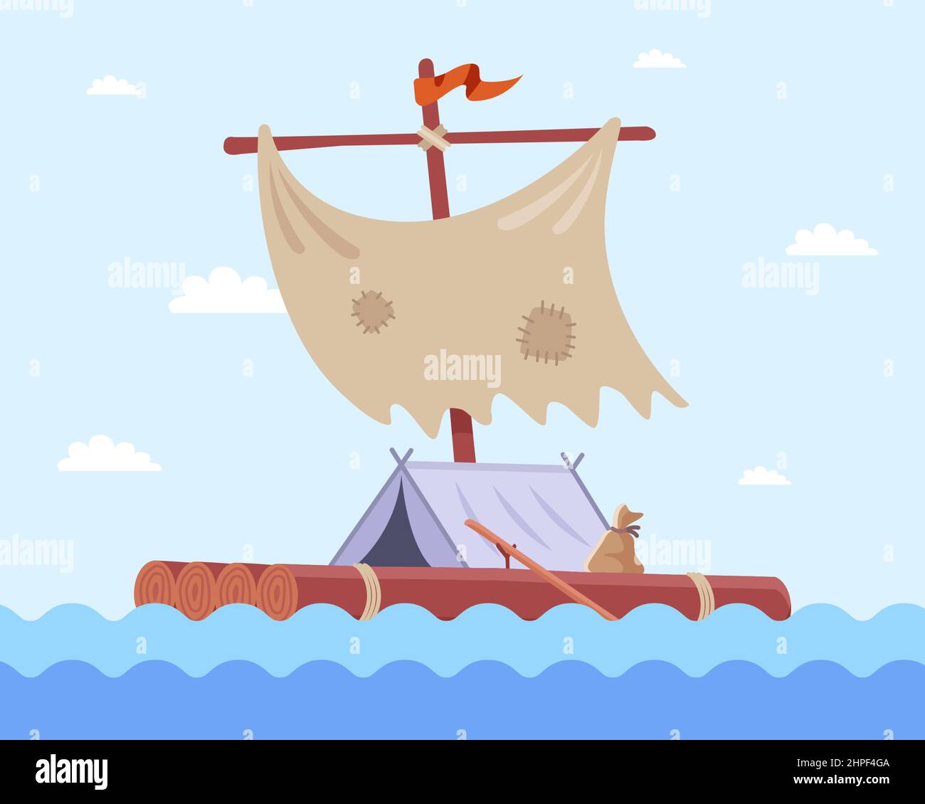 homemade wooden raft shipwreck survivor. flat vector illustration Stock ...