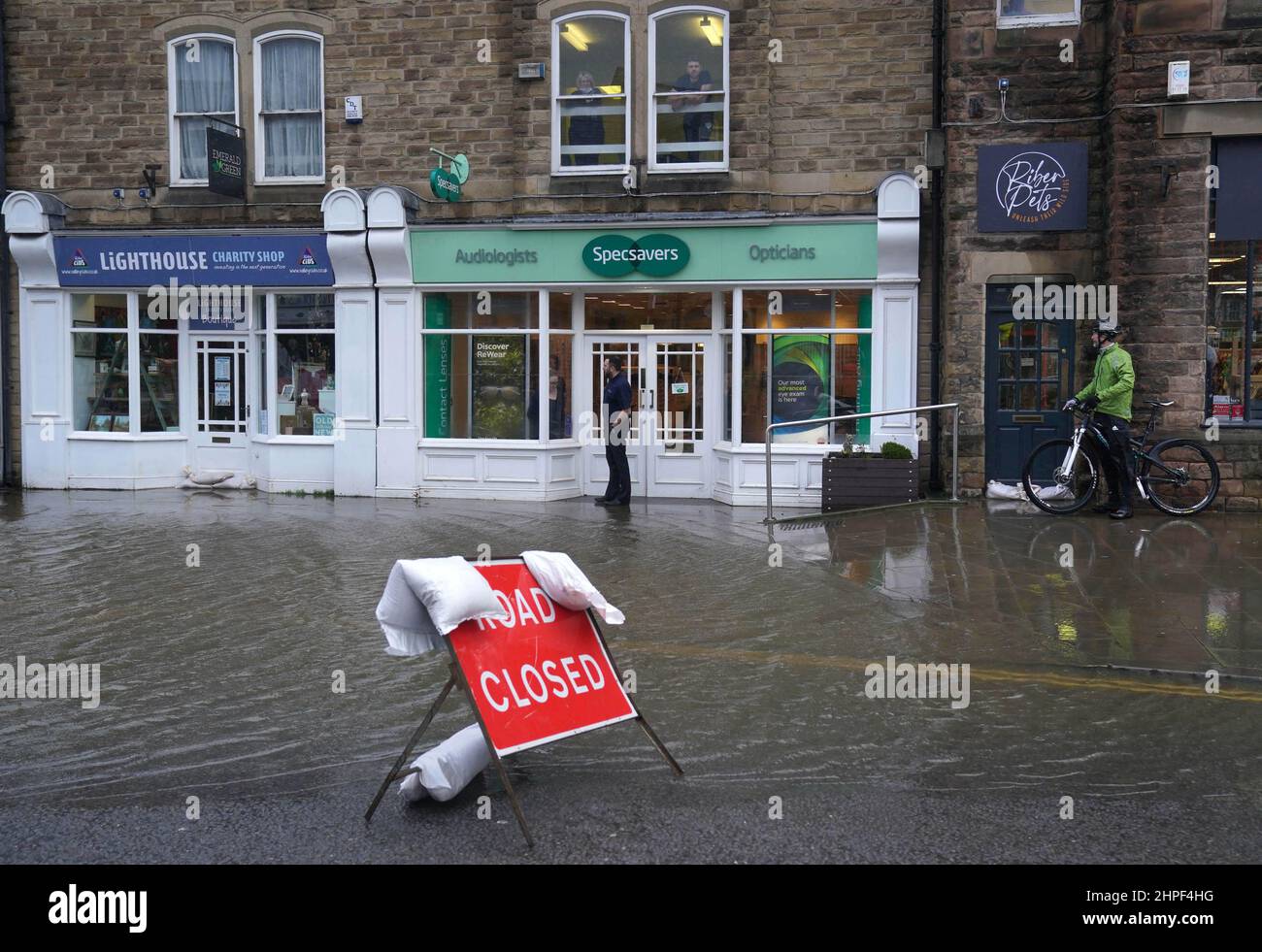 A flooded road in Matlock, Derbyshire after high winds and wet weather ...
