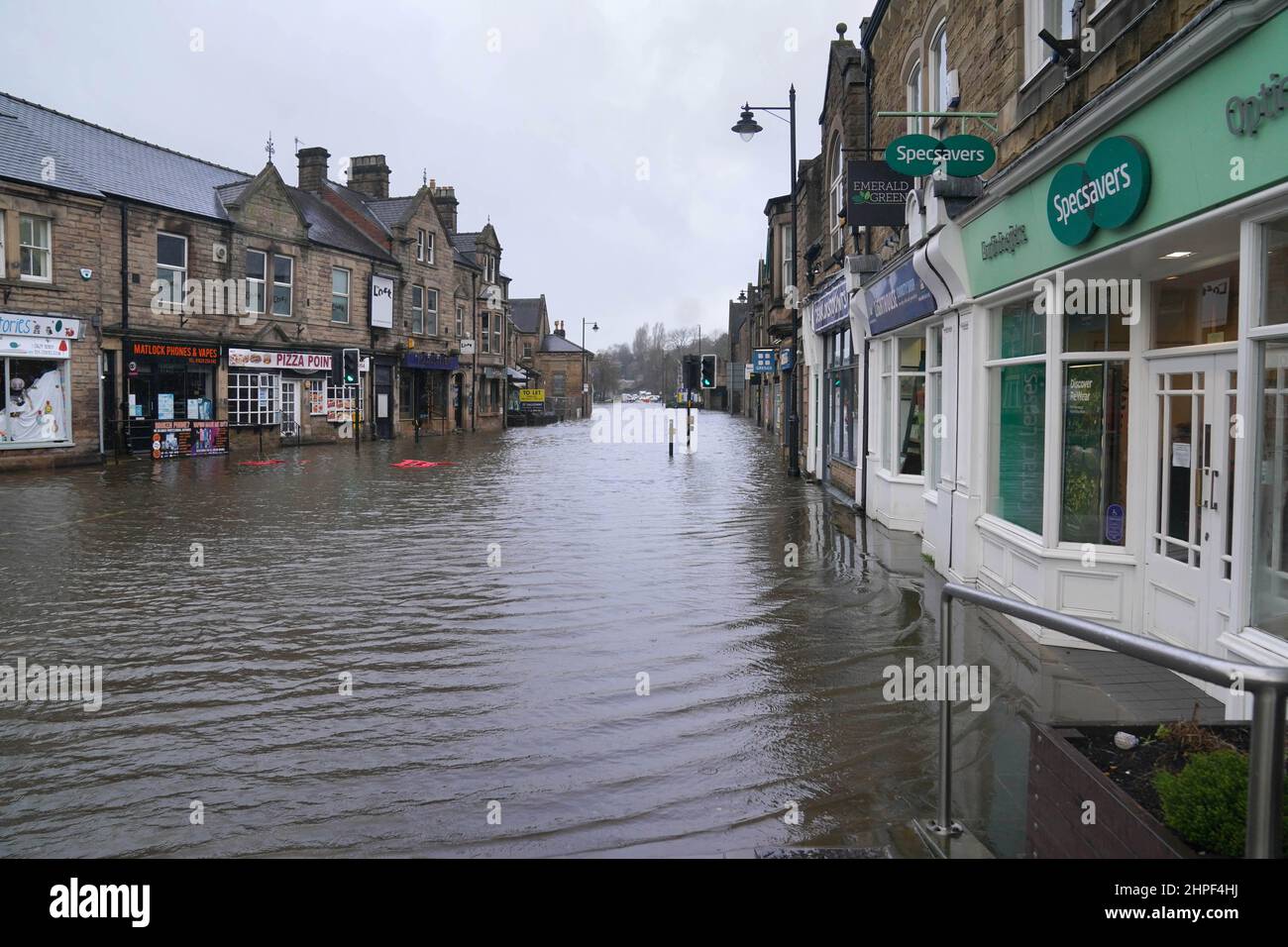 A flooded road in Matlock, Derbyshire after high winds and wet weather ...