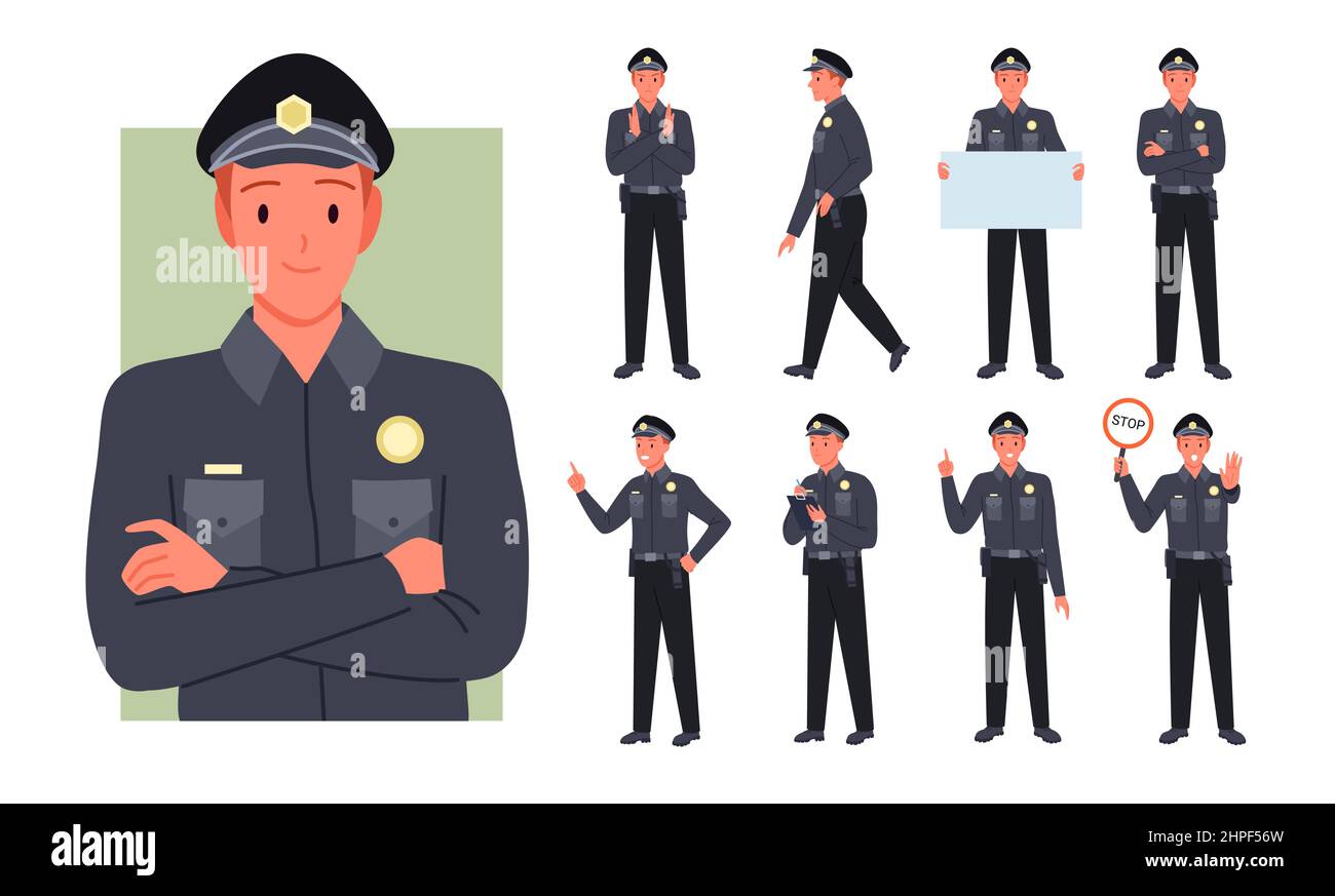 Policeman poses set, man worker of police station in cop uniform ...