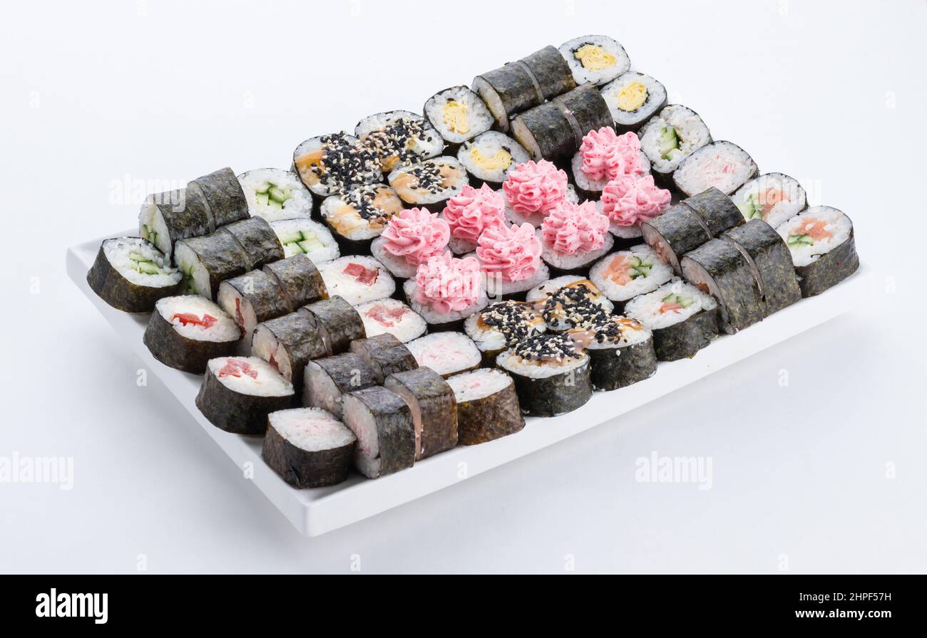 Sushi set and composition at white background. Japanese food restaurant ...