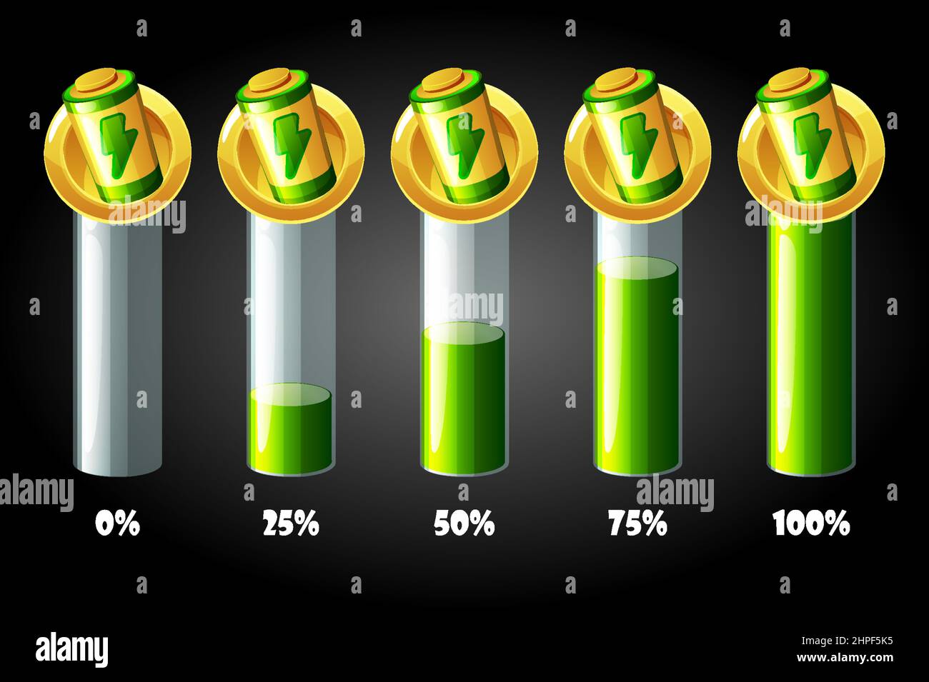 Battery energy scale bar, gold icons for game. Vector illustration set ...