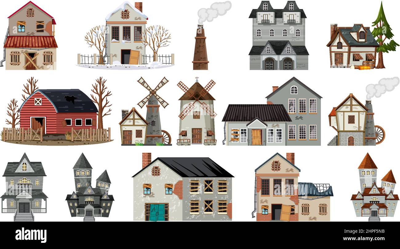 Set of abandoned houses and buildings illustration Stock Vector Image ...
