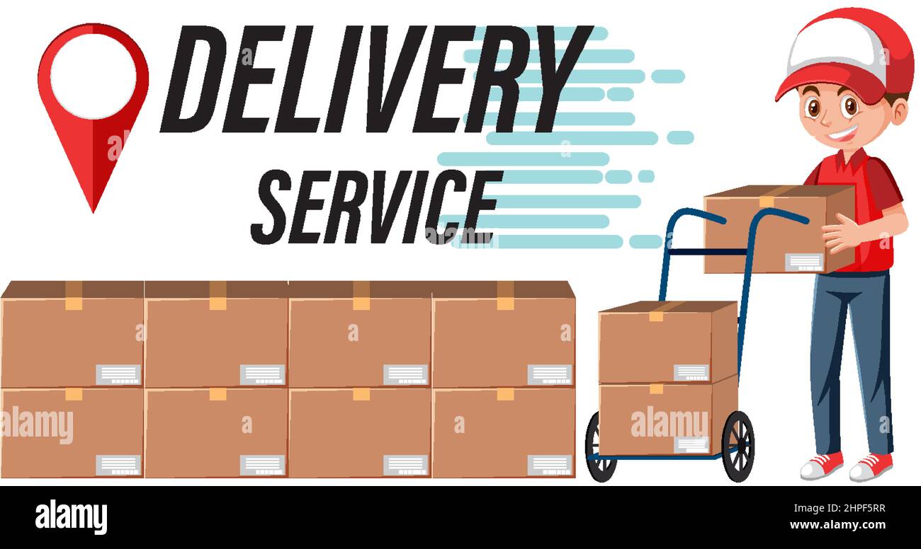 Delivery Service wordmark with courier delivering packages illustration ...