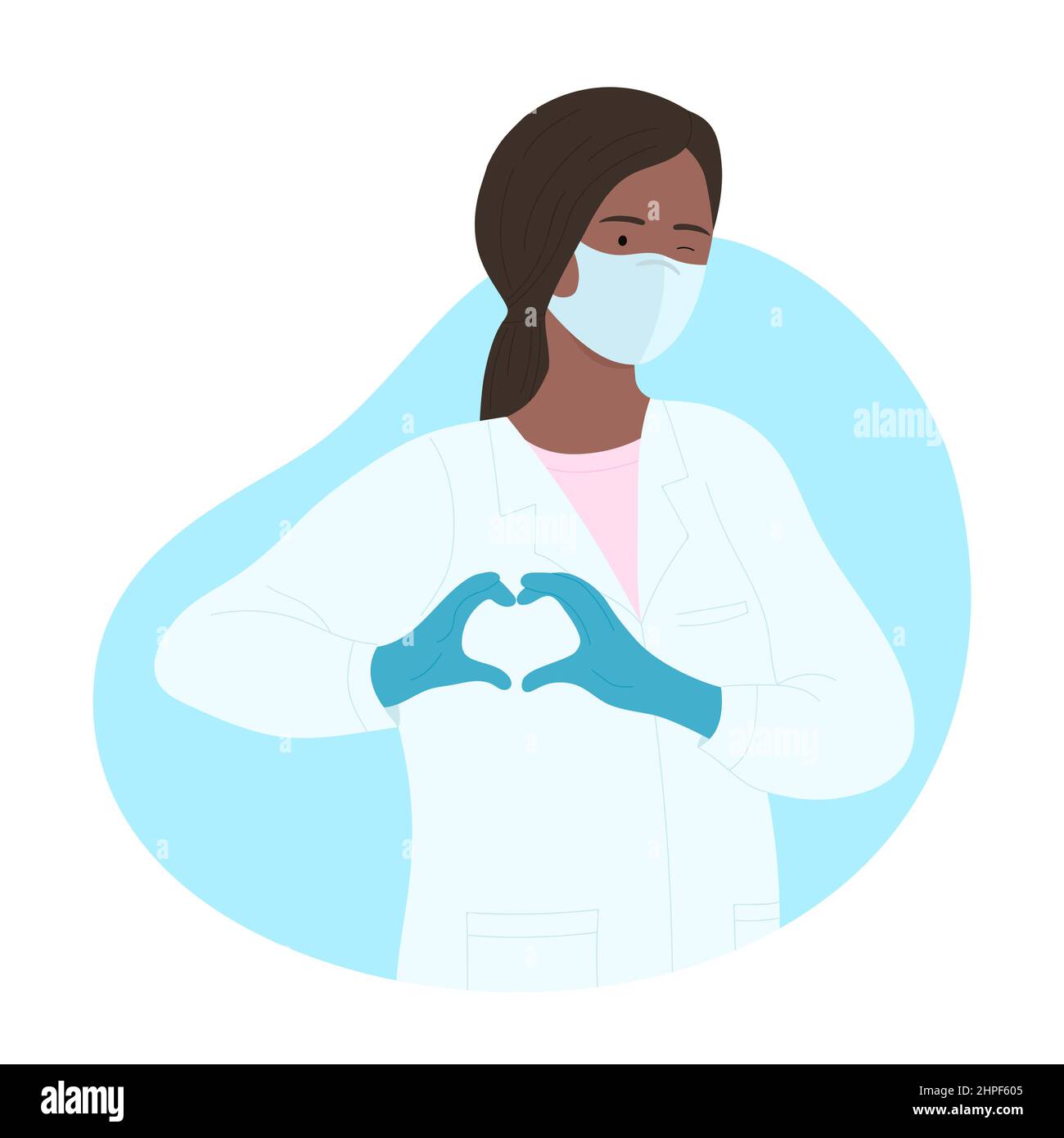 African female doctor wearing mask and showing heart. Medical care and ...