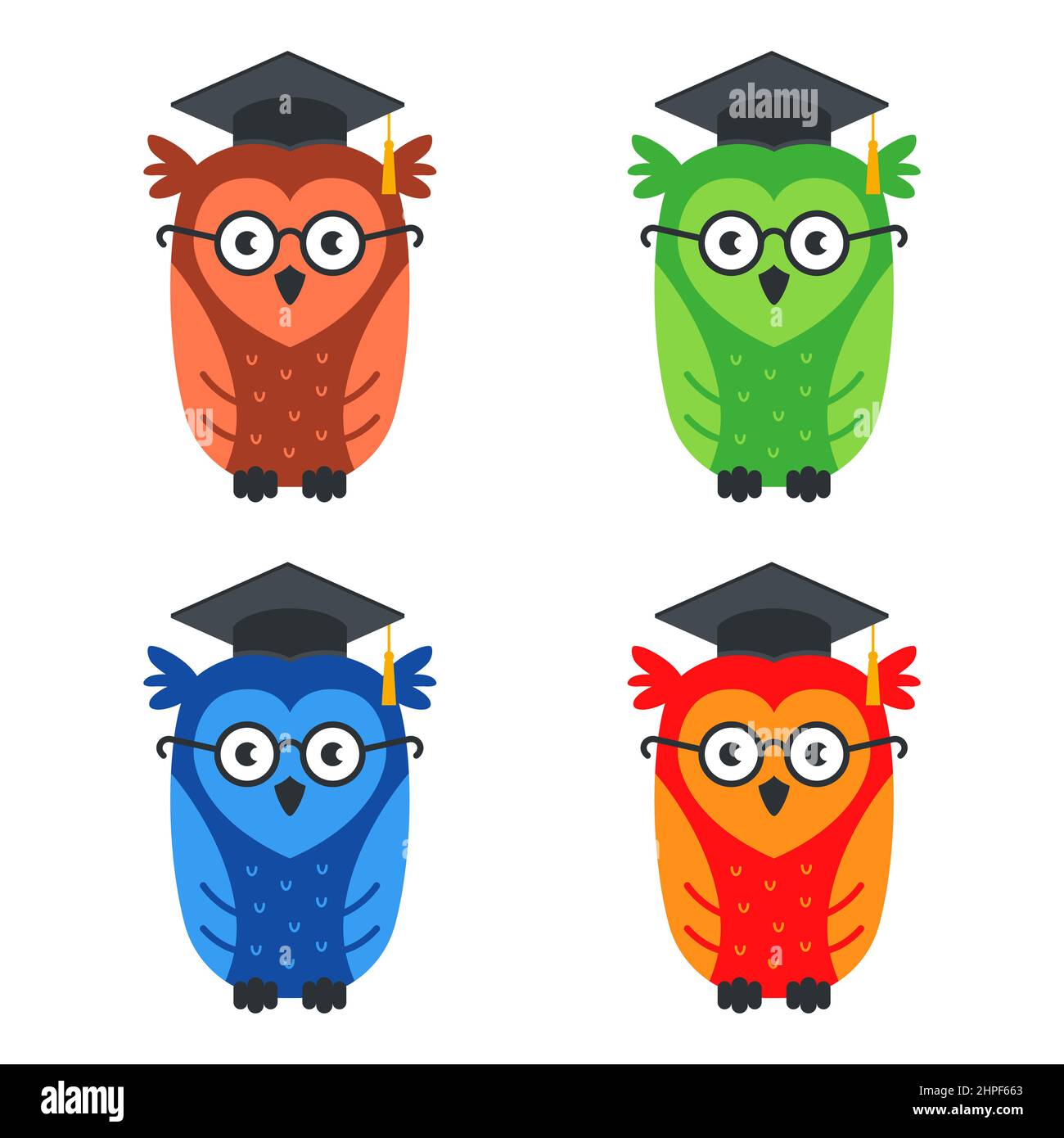 set of multi-colored smart owls with glasses. flat vector illustration ...