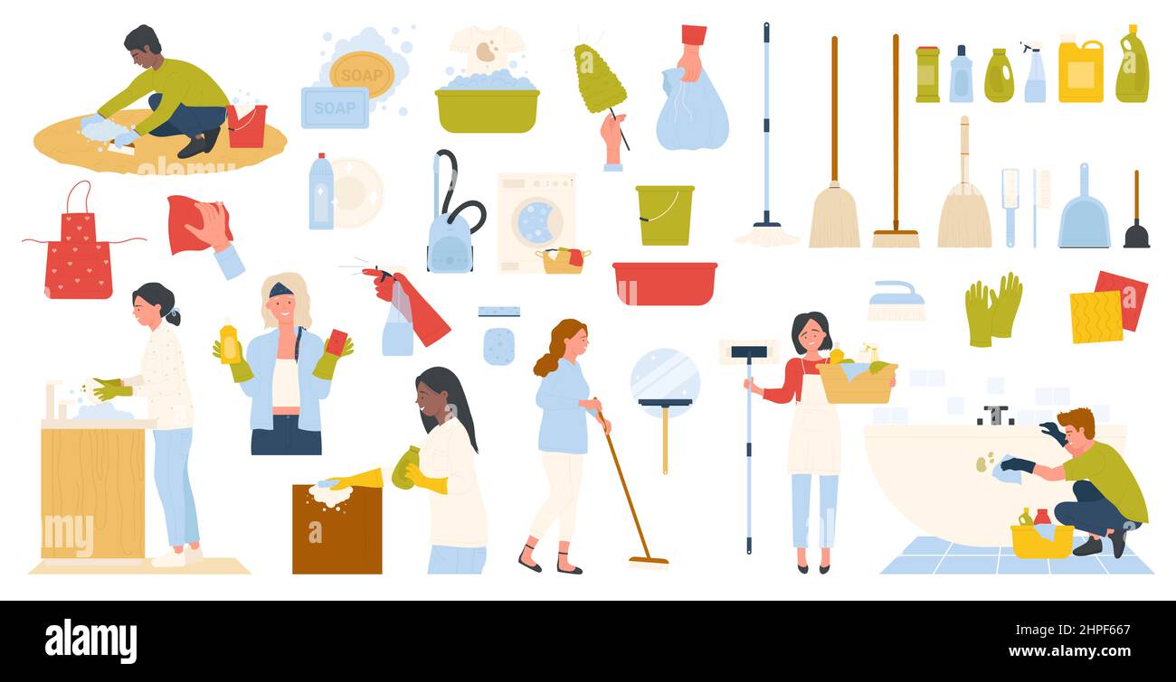 Cleaning service set with equipment and working people in apron and ...