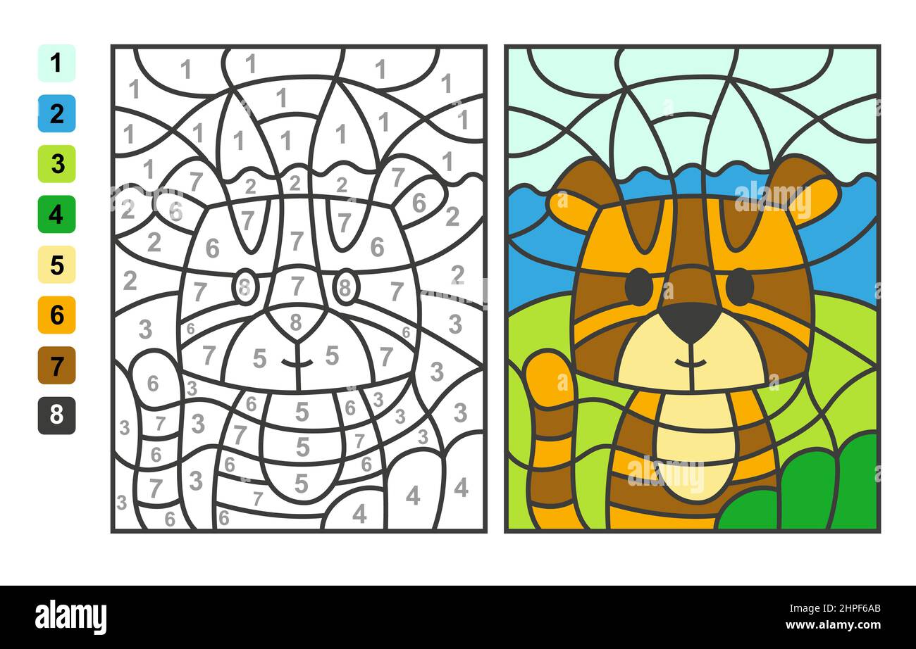 Color by numbers tiger Animal. Puzzle game for children education ...