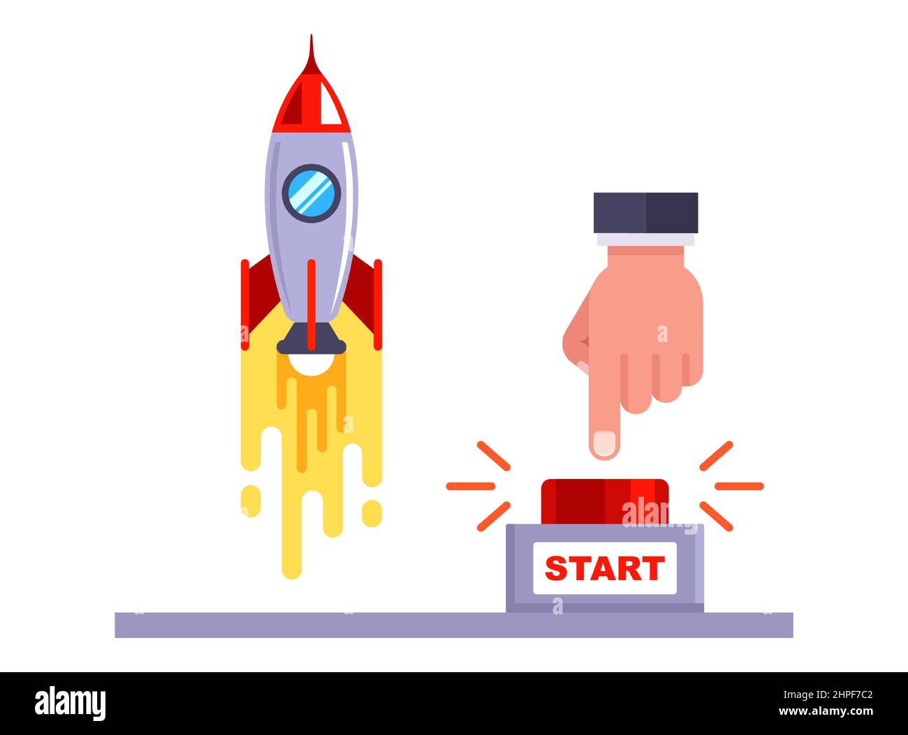 press the start button and launch a rocket into space. flat vector ...