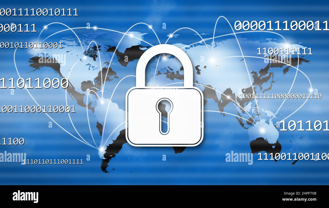 Security technology concept - padlock binary code information connecting lines world map - 3D ...