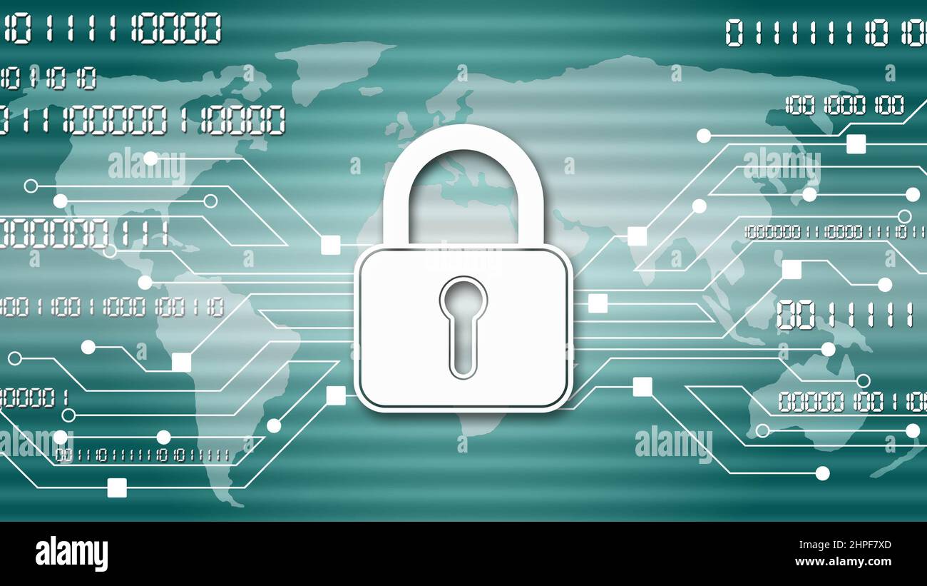 Security technology concept - padlock binary code information connecting lines world map - 3D ...