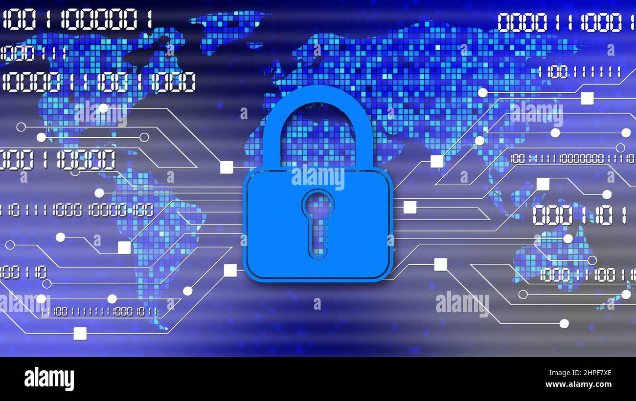 Security technology concept - padlock binary code information connecting lines world map - 3D ...
