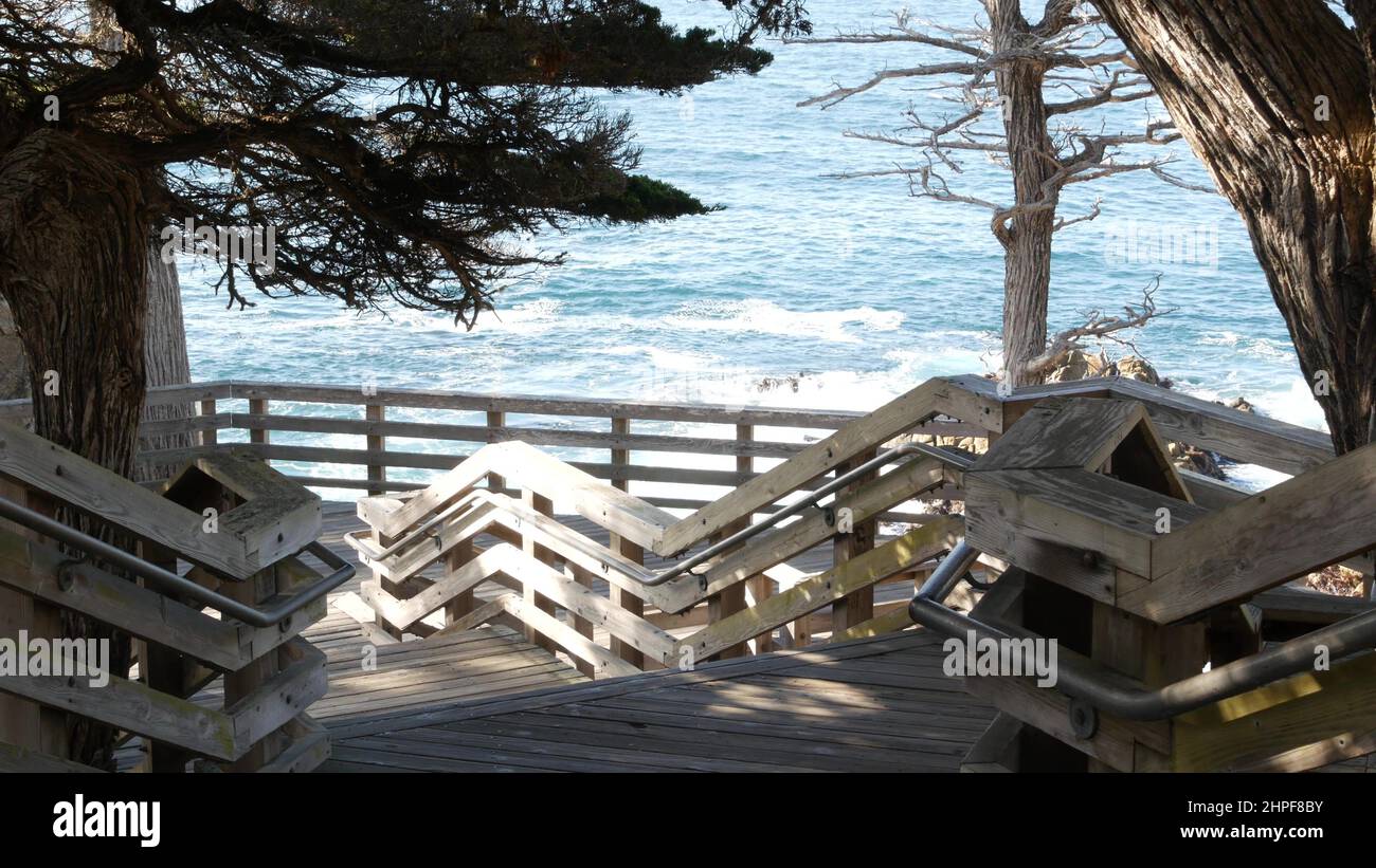 Wooden stairs to Lone Cypress viewpoint, scenic 17-mile drive tourist ...