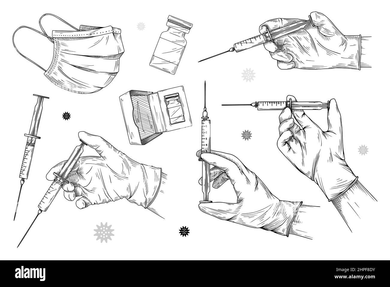 Set of various medical objects. Doctor's hand with a syringe in ...