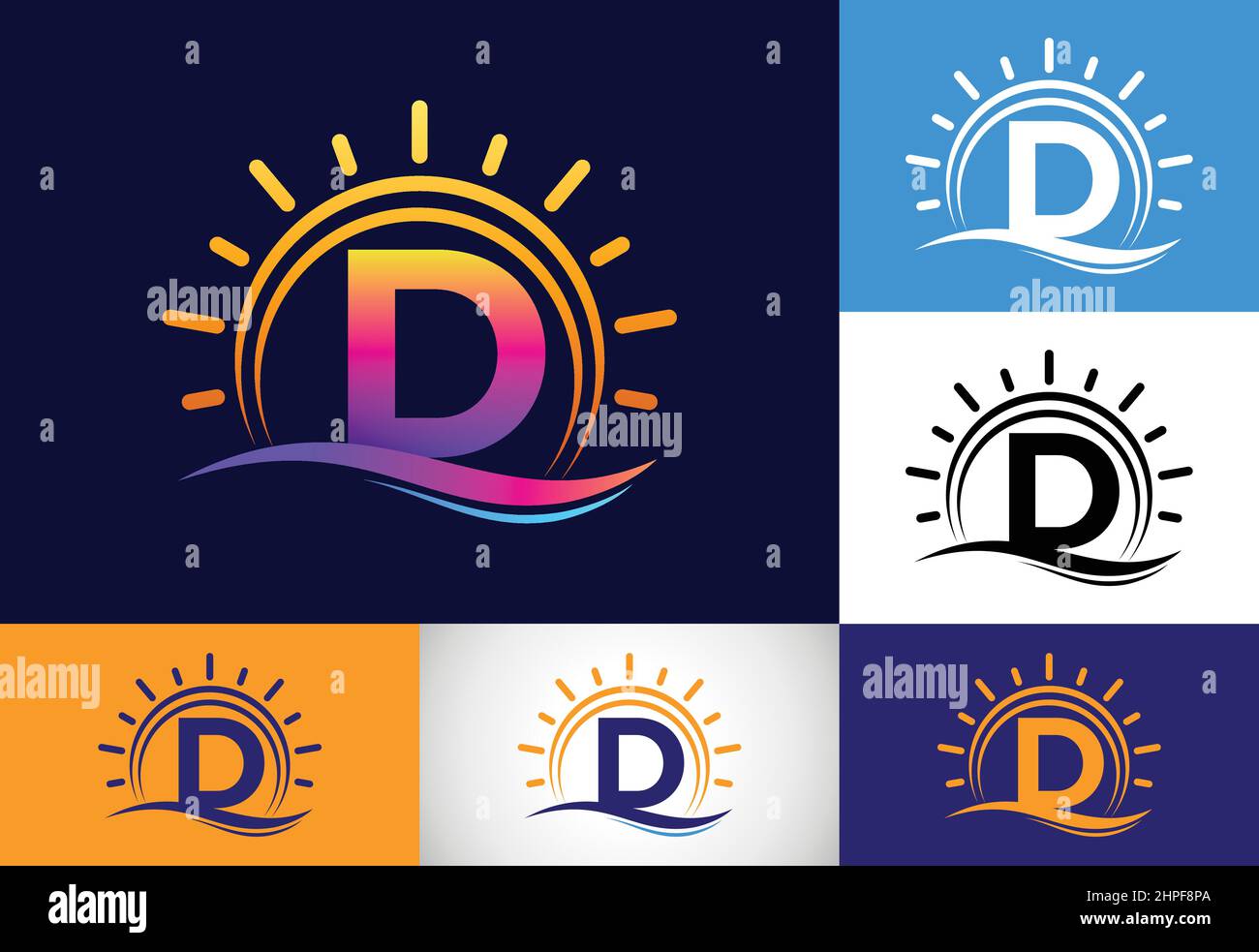 Initial D monogram alphabet with abstract sun and wave. Ocean sun logo ...