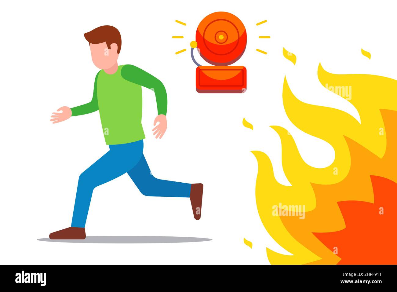 a man runs from the fire. fire siren warns of danger. flat vector ...