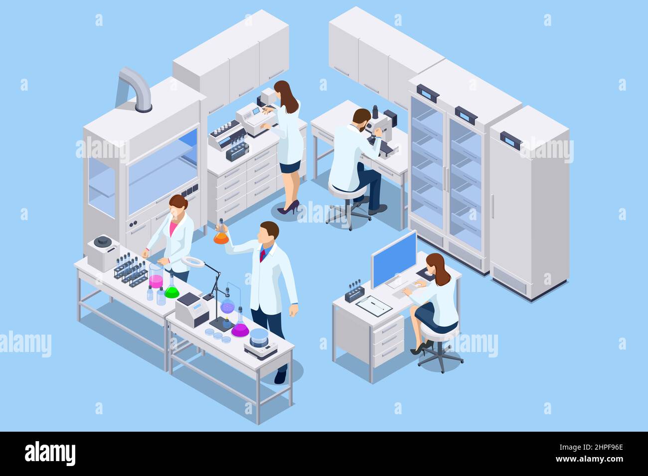 Isometric chemical laboratory concept. Laboratory assistants work in ...