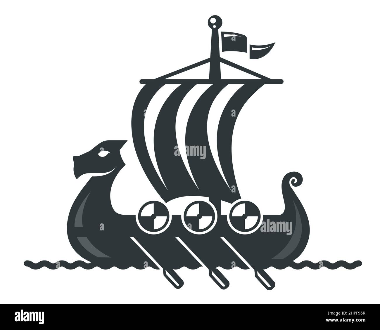 black viking ship icon with sail and oars. flat vector illustration ...
