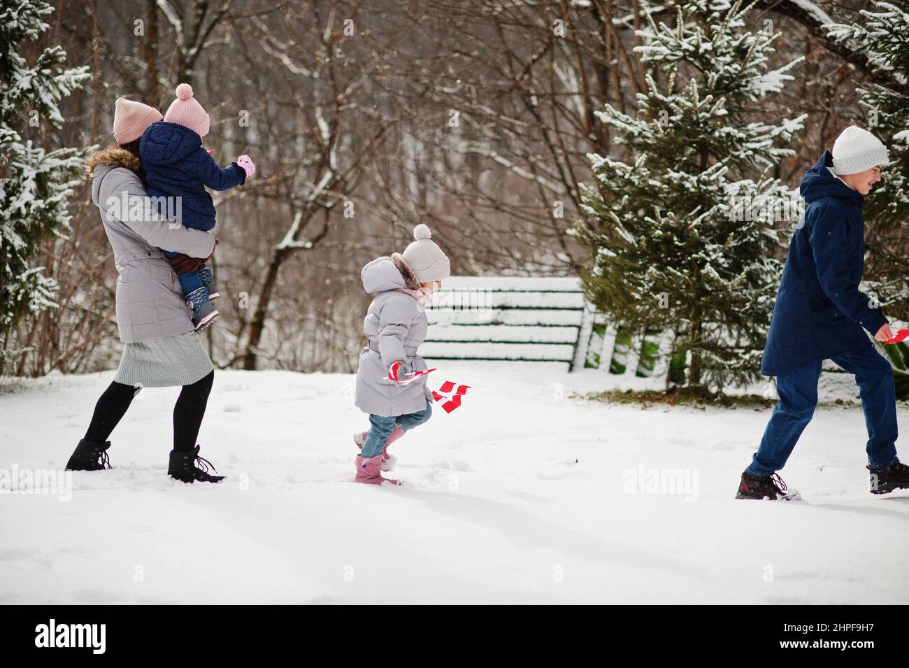Family with Denmark flags outdoor in winter. Travel to Scandinavian ...