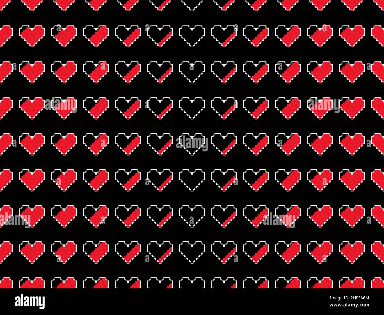 Pixel art hearts seamless pattern. 8-bit pixel health bar in retro ...