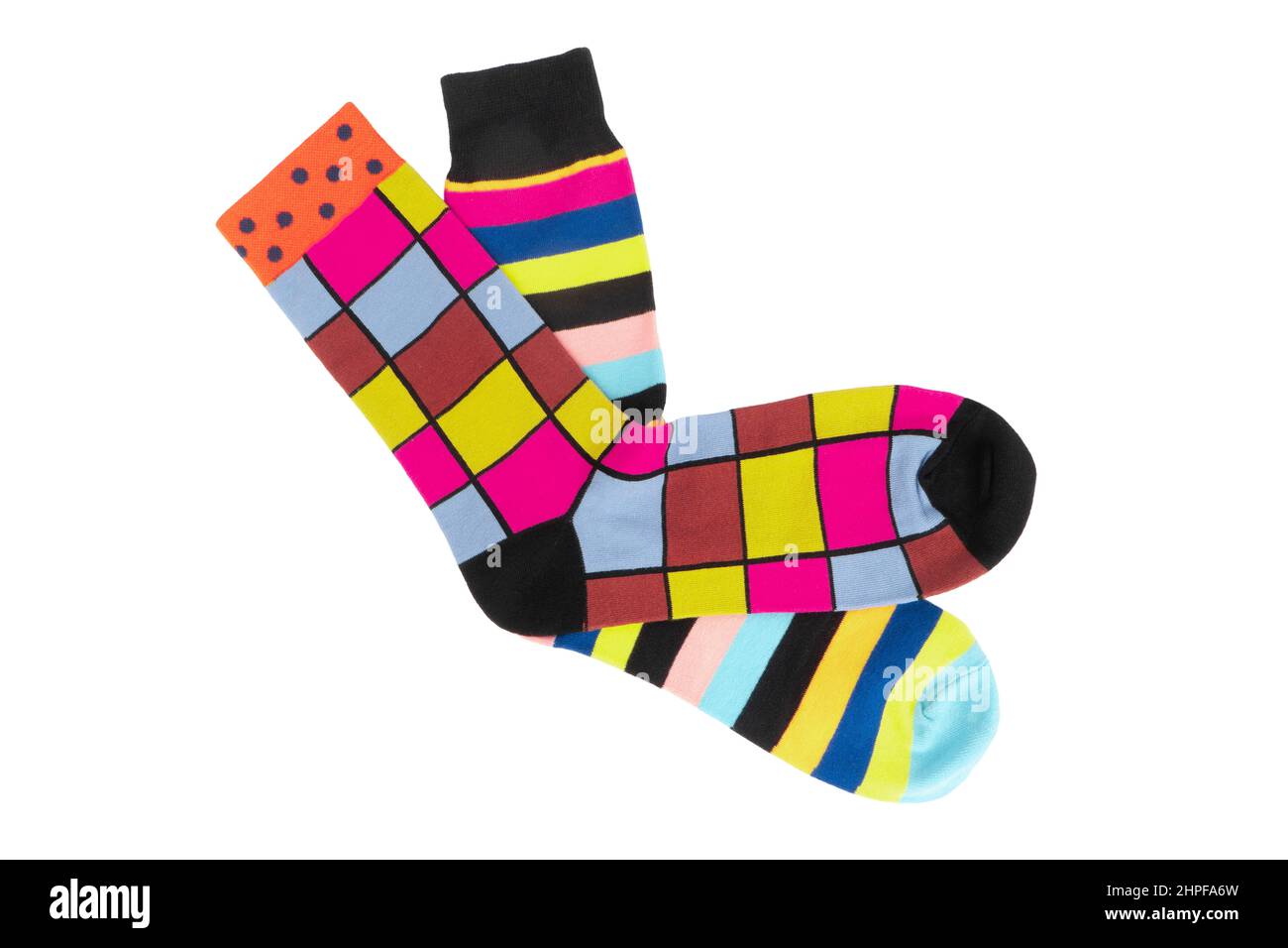 Pair socks with different lines isolated on white background. Colorful ...