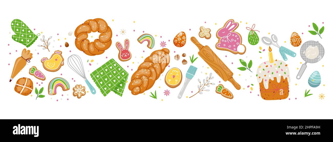 Easter pastry banner with kitchen utensils,traditional bread,cakes ...
