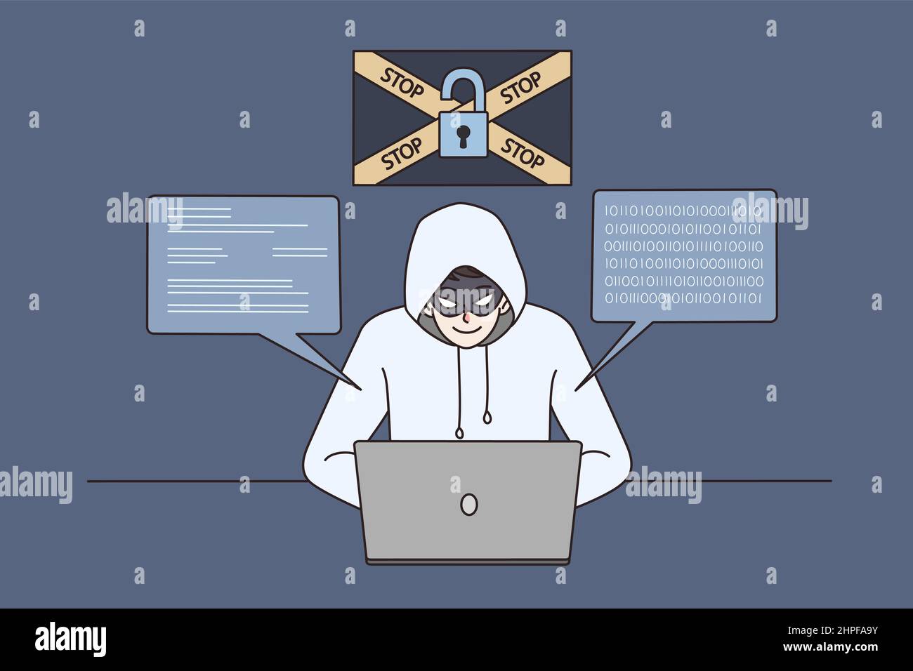 Male hacker in hood and mask use laptop steal personal data on internet. Man cyber thief hack ...